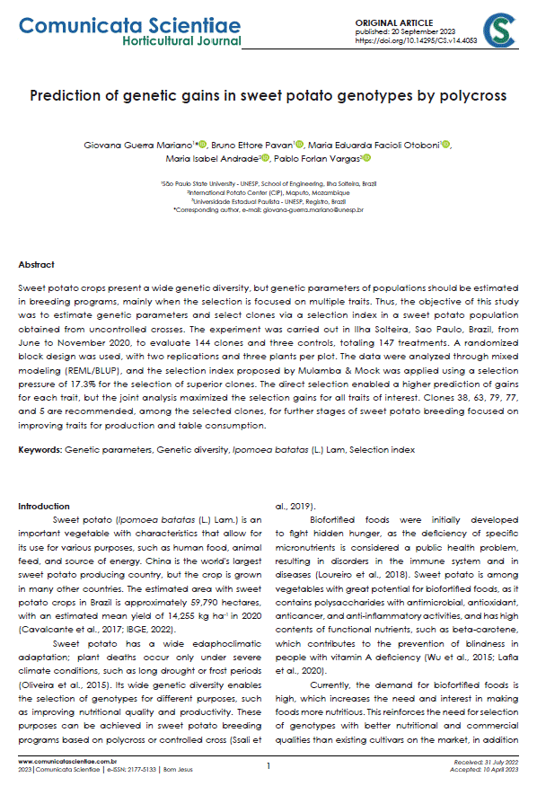 Prediction of genetic gains in sweet potato genotypes by polycross ...